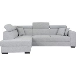 Ecksofa Home Affaire "Tulio L-Form", grau (hellgrau), B:267cm H:95cm T:198cm, Struktur fein (100% Polyester);Struktur (100% Polyester);Samtstruktur (100% Polyester), Sofas, Ecksofa, wahlweise mit Bettfunktion und Bettkasten, incl. 3 Zierkissen