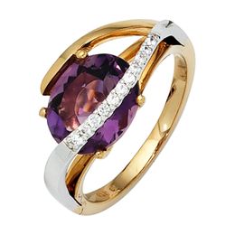 Diamantring Jobo Fingerringe Gr. 56, P1 = bei 10-facher Vergrößerung erkennbare Einschlüsse, Gelbgold 585-Weißgold 585-Diamanten, lila Damen Diamantringe 585 Gold bicolor mit Amethyst und 11 Diamanten