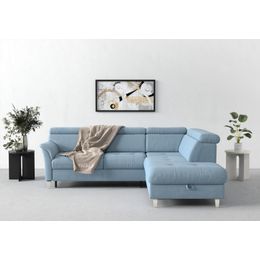 Sit & More Ecksofa SIT & MORE "Marano L-Form", blau (hellblau), B:252cm T:216cm, 98% Polyester, 2% Polyamid, Sofas, Ecksofa, inklusive Kopfteilverstellung, wahlweise mit Bettfunktion, Bettkasten