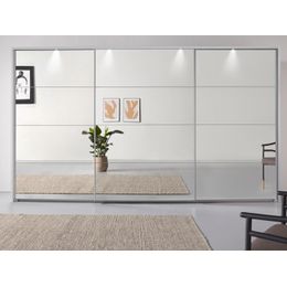 Schwebetürenschrank Rauch "Oteli" Schränke Gr. B/H/T: 368 cm x 214 cm x 68 cm, mit Beleuchtung, 3 St., grau (seidengrau) mit Spiegelfront und Passepartout optional Beleuchtung