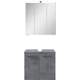 Badmöbel-Set SAPHIR "Quickset 945 2-teilig, Waschbeckenunterschrank mit LED-Spiegelschrank", grau (oxid dunkelgrau quer), Kastenmöbel-Sets, Waschplatz 65 cm breit, 5 Türen, 6 Einlegeböden, inkl. Türdämpfer