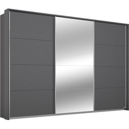 Schwebetürenschrank Rauch "Kleiderschrank Schrank Garderobe CORTONA mit Passepartout" Schränke Gr. B/H/T: 278 cm x 233 cm x 64 cm, Ohne Beleuchtung, 3 St., grau (graumetallic) und optionaler Beleuchtung inkl. Inneneinteilung 2 Boxen Böden