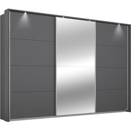 Schwebetürenschrank Rauch "Kleiderschrank Schrank Garderobe CORTONA mit Passepartout" Schränke Gr. B/H/T: 278 cm x 233 cm x 64 cm, Mit Beleuchtung, 3 St., grau (graumetallic) und optionaler Beleuchtung inkl. Inneneinteilung 2 Boxen Böden