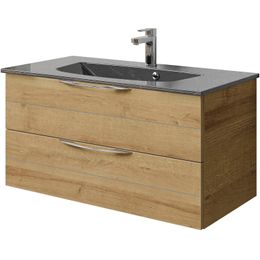 Waschtisch SAPHIR "Serie 6025 Mineralmarmor-Waschtisch mit Unterschrank, 97 cm breit" Waschtische Gr. Waschtisch grau, braun (riviera eiche, riviera eiche quer nb) Waschtische Waschplatz mit 2 Schubladen, hängend, verschiedene Ausführungen