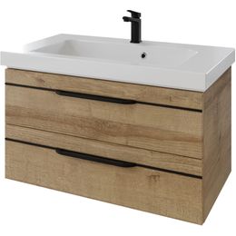 Waschtisch SAPHIR "Serie Balto Mineralmarmor-Waschtisch mit Unterschrank, 92 cm breit" Waschtische Gr. ohne Beleuchtung, braun (riviera eiche quer nachbildung, schwarzer einlage, riviera nachbildung) Waschplatz mit 2 Schubladen, Badschrank in verschiedenen Ausführungen