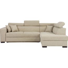 Ecksofa Home Affaire "Tulio L-Form", beige, B:267cm H:95cm T:198cm, Struktur fein (100% Polyester);Struktur (100% Polyester);Samtstruktur (100% Polyester), Sofas, Ecksofa, wahlweise mit Bettfunktion und Bettkasten, incl. 3 Zierkissen