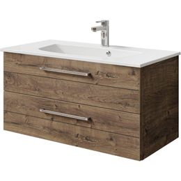 Waschtisch SAPHIR "Serie 6025 Mineralmarmor-Waschtisch mit Unterschrank, 97 cm breit" Waschtische Gr. Waschtisch weiß, braun (eiche ribbeck, eiche ribbeck quer nb) Waschtische Waschplatz mit 2 Schubladen, hängend, verschiedene Ausführungen