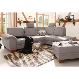Ecksofa Home Affaire "Husum L-Form", grau (hellgrau), B:269cm H:90cm T:219cm, Luxus-Microfaser mit Druck (100% Polyester);Luxus-Microfaser in Lederoptik (100% Polyester);Luxus-Microfaser ALTARA NUBUCK (100% Polyester), Sofas, Ecksofa, mit Sitztiefenverstellung, Federkern-Polsterung und Kontrastnaht