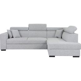 Ecksofa Home Affaire "Tulio L-Form", grau (hellgrau), B:267cm H:95cm T:198cm, Struktur fein (100% Polyester);Struktur (100% Polyester);Samtstruktur (100% Polyester), Sofas, Ecksofa, wahlweise mit Bettfunktion und Bettkasten, incl. 3 Zierkissen