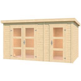 Gartenhaus Lasita Maja "Zambesi XL" Gartenhäuser Gr. ohne Fußboden, ohne Dacheindeckung, beige (naturbelassen) Blochbohlenhaus 28mm 2-Raum, Fundamentmass 3800x2400, Naturbelassen