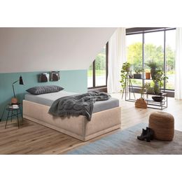 Polsterbett "Texel", beige (sand), B:126cm H:42cm L:206cm, Bezug Bett: Veloursstoff 100% Polyester oder Microfaser (100% Polyester);Bonnell-Federkernmatratze: 51% Polypropylen, 39% Polyester und 10% Baumwolle;Kaltschaummatratze: 100% Polyester, Bezug abnehm- und waschbar bis 60C;Kissenbezug: 100% Polyester, Füllung : 100% Polyester (Hohlfaser), Westfalia Schlafkomfort, Betten, Komforthöhe mit Zier