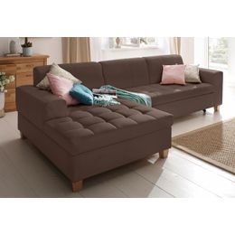 Ecksofa Home Affaire "Corby L-Form", braun (dunkelbraun), B:266cm H:80cm T:162cm, Struktur fein (100% Polyester);Chenille (100% Polyester);NaturLEDER (echtes Rindsleder) auf Sitzfl&auml;che, Kunstleder im Korpus;Melrose (100% Polyester), Sofas, Ecksofa, wahlweise mit Bettfunktion, Steppung auf Sitzfl&auml;che