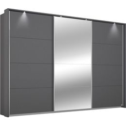 Schwebetürenschrank Rauch "Kleiderschrank Schrank Garderobe CORTONA mit Passepartout" Schränke Gr. B/H/T: 278 cm x 214 cm x 64 cm, Mit Beleuchtung, 3 St., grau (graumetallic) und optionaler Beleuchtung inkl. Inneneinteilung 2 Boxen Böden