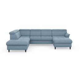 Sit & More Wohnlandschaft SIT & MORE "Marano U-Form", blau (hellblau), B:304cm T:216cm, 98% Polyester, 2% Polyamid, Sofas, Wohnlandschaft, inklusive Kopfteilverstellung, wahlweise mit Bettfunktion, Bettkasten