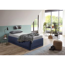 Polsterbett "Texel", blau (navy), B:126cm H:42cm L:206cm, Bezug Bett: Veloursstoff 100% Polyester oder Microfaser (100% Polyester);Bonnell-Federkernmatratze: 51% Polypropylen, 39% Polyester und 10% Baumwolle;Kaltschaummatratze: 100% Polyester, Bezug abnehm- und waschbar bis 60C;Kissenbezug: 100% Polyester, Füllung : 100% Polyester (Hohlfaser), Westfalia Schlafkomfort, Betten, Komforthöhe mit Zierk