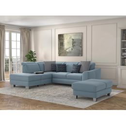 Sit & More Ecksofa SIT & MORE "Dundee L-Form", blau (hellblau), B:263cm H:86cm T:219cm, Sofas, Ecksofa, mit Federkern und Edelstahlf&uuml;&szlig;en, wahlweise mit Kopfteilverstellung