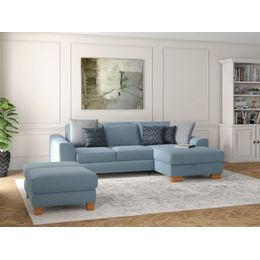 Sit & More Ecksofa SIT & MORE "Dundee L-Form", blau (hellblau), B:264cm H:86cm T:175cm, Sofas, Ecksofa, mit Federkern und Massivholzf&uuml;&szlig;en, wahlweise mit Kopfteilverstellung