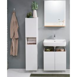 Badmöbel-Set SAPHIR "Quickset 947 3-teilig, Waschbeckenunterschrank mit Spiegel", weiß (weiß glanz, riviera eiche quer nachbildung), Kastenmöbel-Sets, Unterschrank, 4 Türen, 2 Einlegeböden, inkl. Türdämpfer, Weiß Glanz