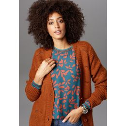 Longstrickjacke Aniston SELECTED Gr. 38, braun (zimt) Damen Strickjacken lange mit Lochstrick-Muster