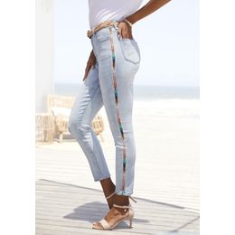 High-waist-Jeans Lascana Gr. 34, N-Gr, blau (light blue washed) Damen Jeans mit seitlicher Stickerei, elastische Skinny-Jeans