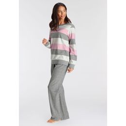 Pyjama Vivance Dreams Gr. 32/34, grau (grau, rosa) Damen Homewear-Sets aus weichem Frottée und mit Colorblock Streifen