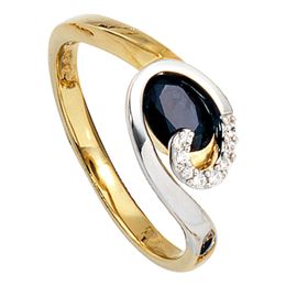 Diamantring Jobo Fingerringe Gr. 54, P1 = bei 10-facher Vergrößerung erkennbare Einschlüsse, Gelbgold 585-Weißgold 585-Diamanten, gelb (gelbgold 585) Damen Diamantringe 585 Gelbgold Weißgold mit Safir und 8 Diamanten