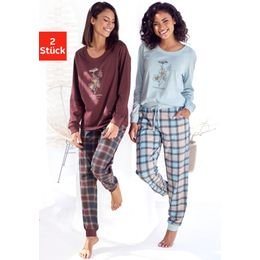 Pyjama Vivance Dreams Gr. 32/34, bunt (bordeau x, kariert, hellblau) Damen Homewear-Sets Pyjamas mit Frontdruck