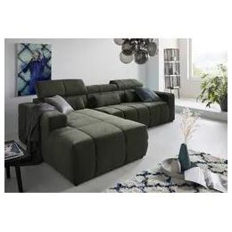 Ecksofa DOMO collection "Brandon große Ausführung B/T/H: 289/177/80 cm, auch in Leder und Cord" Sofas Gr. B/H/T: 289cm x 80cm x 175cm, Chenille-Optik, Recamiere links, ohne Sitztiefenverstellung, mit Nierenkissen, grün (dunkelgrün) mit Kopfteilverstellung, wahlweise Sitztiefenverstellung, L-Form