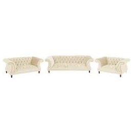 Chesterfield-Sofa Max Winzer "Isabelle" Sofas Gr. B/H/T: 253cm x 80cm x 100cm, Samtvelours 20442, beige (creme) Knopfheftung & gedrechselten Füßen in Buche Nussbaum, Breite 260 cm