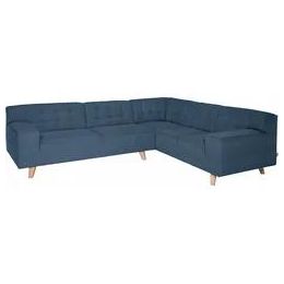 Ecksofa Tom Tailor HOME "NORDIC CHIC" Sofas Gr. B/H/T: 269cm x 77cm x 226cm, Samtstoff STC, langer Schenkel links, blau (ink blue stc 6) im Retrolook, Füße Buche natur