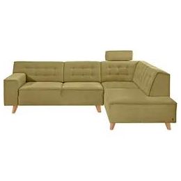 Ecksofa Tom Tailor HOME "NORDIC CHIC" Sofas Gr. B/H/T: 249cm x 77cm x 181cm, Samtstoff STC, Ottomane rechts, mit Sitztiefenverstellung-mit Nackenstütze, beige (gold mustard stc 13) mit Ottomane, wahlweise Sitzvorzug, Füße Buche natur