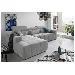 Ecksofa DOMO collection "Brandon große Ausführung B/T/H: 289/177/80 cm, auch in Leder und Cord" Sofas Gr. B/H/T: 289cm x 80cm x 175cm, Chenille-Optik, Recamiere links, ohne Sitztiefenverstellung, mit Nierenkissen, grau (hellgrau) mit Kopfteilverstellung, wahlweise Sitztiefenverstellung, L-Form