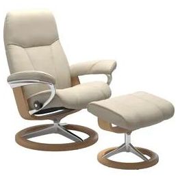 Relaxsessel stressless "Consul" Sessel Gr. Leder BATICK, Signature Base Eiche, BalanceAdaptTM-PlusTMSystem-Gleitsystem-Relaxfunktion-Drehfunktion-Kopfstützenverstellung-Rückteilverstellung, B/H/T: 78cm x 97cm x 70cm, beige (cream batick) mit Hocker, Signature Base, Größe S, Gestell Eiche