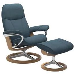 Relaxsessel stressless "Consul" Sessel Gr. ROHLEDER Stoff Q2 FARON, Signature Base Eiche, BalanceAdaptTM-PlusTMSystem-Gleitsystem-Relaxfunktion-Drehfunktion-Kopfstützenverstellung-Rückteilverstellung, B/H/T: 78cm x 97cm x 70cm, blau (petrol q2 faron) mit Hocker, Signature Base, Größe S, Gestell Eiche