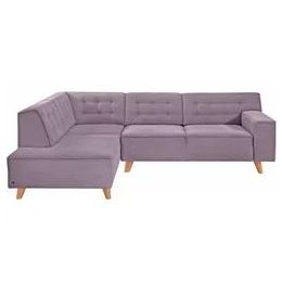 Ecksofa Tom Tailor HOME "NORDIC CHIC" Sofas Gr. B/H/T: 249cm x 77cm x 181cm, Samtstoff STC, Ottomane links, ohne Sitztiefenverstellung-ohne Nackenstütze, lila (lila stc 8) mit Ottomane, wahlweise Sitzvorzug, Füße Buche natur