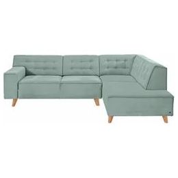 Ecksofa Tom Tailor HOME "NORDIC CHIC" Sofas Gr. B/H/T: 249cm x 77cm x 181cm, Samtstoff STC, Ottomane rechts, mit Sitztiefenverstellung-ohne Nackenstütze, grün (celadon stc 3) mit Ottomane, wahlweise Sitzvorzug, Füße Buche natur