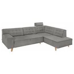 Ecksofa Tom Tailor HOME "NORDIC CHIC" Sofas Gr. B/H/T: 249cm x 77cm x 181cm, Samtstoff STC, Ottomane rechts, ohne Sitztiefenverstellung-mit Nackenstütze, grau (basalt stc 9) mit Ottomane, wahlweise Sitzvorzug, Füße Buche natur