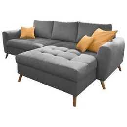 Ecksofa Home Affaire "Fanö2 L-Form" Sofas Gr. B/H/T: 246 cm x 90 cm x 170 cm, Microfaser PRIMABELLE, Recamiere rechts, grau (hellgrau) mit feiner Steppung und vielen losen Kissen