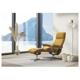 Relaxsessel stressless "View" Sessel Gr. ROHLEDER Stoff Q2 FARON, Cross Base Wenge, Relaxfunktion-Drehfunktion-PlusTMSystem-Gleitsystem-BalanceAdaptTM, B/H/T: 91cm x 110cm x 85cm, gelb (gelb q2 faron) mit Hocker, Cross Base, Größe S, M & L, Holzakzent Wenge