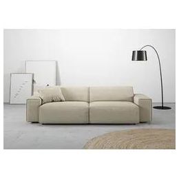 Big-Sofa Andas "Glimminge auch in Breitcord, Feincord + Easy care-Bezug" Sofas Gr. B/H/T: 254cm x 71cm x 101cm, Bouclé, beige (sand) besondere Kedernähte Zierkissen