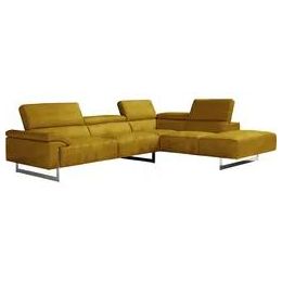 Ecksofa Egoitaliano "Malika" Sofas Gr. B/H/T: 300cm x 94cm x 107cm, Luxus-Microfaser Lederoptik, Ottomane rechts, mit Kopfteilverstellung, gelb mit Ottomane, inkl. Kopfteilverstellung und chromfarbenen Metallfüßen