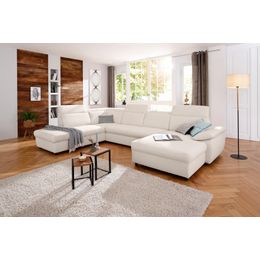 Wohnlandschaft Home Affaire "Mauritius U-Form", wei&szlig;, B:354cm T:232cm, Struktur fein (100% Polyester);Luxus-Microfaser Lederoptik (100% Polyester);Soft clean (98% Polyester, 2% Polyamid), Sofas, Wohnlandschaft, mit Kopfteil- und Armlehnverstellung, wahlweise mit Bettfunktion