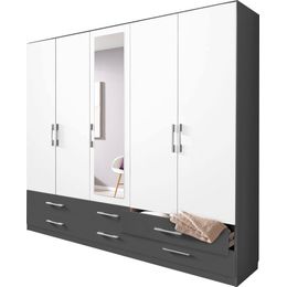 Kleiderschrank Rauch "Hersbruck" Schränke Gr. B/H/T: 225 cm x 210 cm x 54 cm, mit 1 Spiegel, 5 St., grau (graumetallic, weiß) Kleiderschränke mit 6 Schubkästen