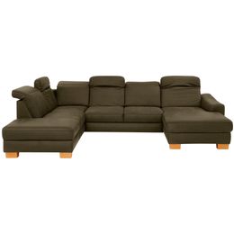 Wohnlandschaft Home Affaire "Dundee U-Form", gr&uuml;n (olive), B:338cm H:86cm T:219cm, Luxus-Microfaser Lederoptik (100% Polyester), Sofas, Wohnlandschaft, wahlweise mit Kopfteilverstellung und zus&auml;tzlich mit Bettfunktion