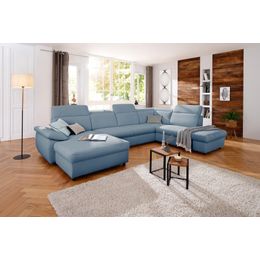 Wohnlandschaft Home Affaire "Mauritius U-Form", blau (hellblau), B:354cm T:232cm, Struktur fein (100% Polyester);Luxus-Microfaser Lederoptik (100% Polyester);Soft clean (98% Polyester, 2% Polyamid), Sofas, Wohnlandschaft, mit Kopfteil- und Armlehnverstellung, wahlweise mit Bettfunktion