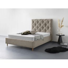 Polsterbett LEONIQUE "Louanne", braun (latte), B:155cm H:131cm L:210cm, Betten, mit schöner Knopfheftung im Rückenteil, inkl. Bettkasten