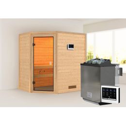 Karibu Sauna "Svea (Eckeinstieg)" Saunen inklusive Ofenschutzgitter und Tür beige (naturbelassen)