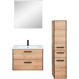 Badmöbel-Set SAPHIR "Quickset 395 3-teilig, Keramikwaschtisch mit LED-Spiegel" Kastenmöbel-Sets Gr. Riviera Eiche quer Nachbildung mit schwarzem L-Profil vorne, braun Bad-Sparsets Midischrank, inkl. Türdämpfer, 2 Türen, 3 Schubladen, Bad-Set