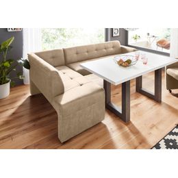 Eckbank exxpo - SOFA FASHION "Barista" Sitzbänke Gr. B/H/T: 197 cm x 82 cm x 265 cm, Luxus-Microfaser, langer Schenkel rechts, beige (sahara) Frei im Raum stellbar