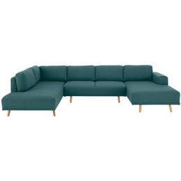 Wohnlandschaft Home Affaire "Lasse U-Form", blau (petrol), B:355cm H:84cm T:203cm, Filzoptik (100% Polyester);Luxus-Microfaser (100% Polyester);Struktur fein( 100% Polyester), Sofas, Wohnlandschaft, im scandinavischem Stil mit Holzf&uuml;&szlig;en